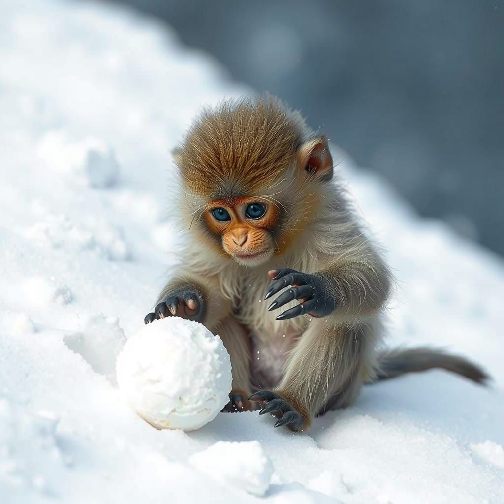 An adorable fluffy baby snow monkey making snowballs and rolling them ...