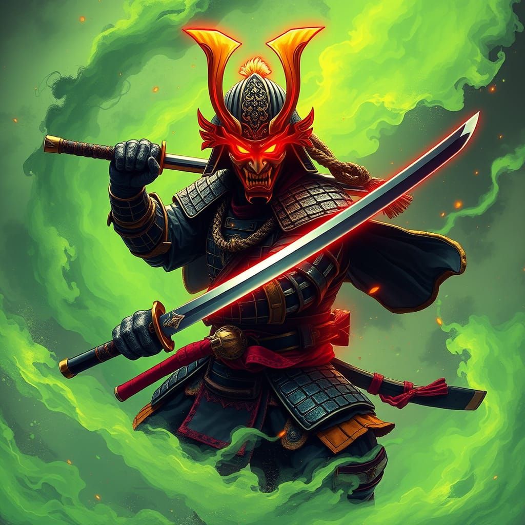 Ethereal Samurai Warrior in Glowing Pastel Green M... - AI Art