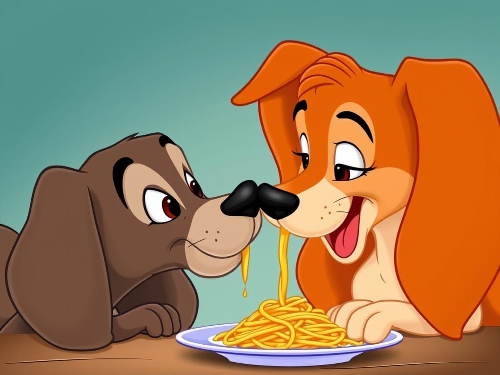 Disney-Style Cartoon Dogs Share Romantic Spaghetti... - AI Art
