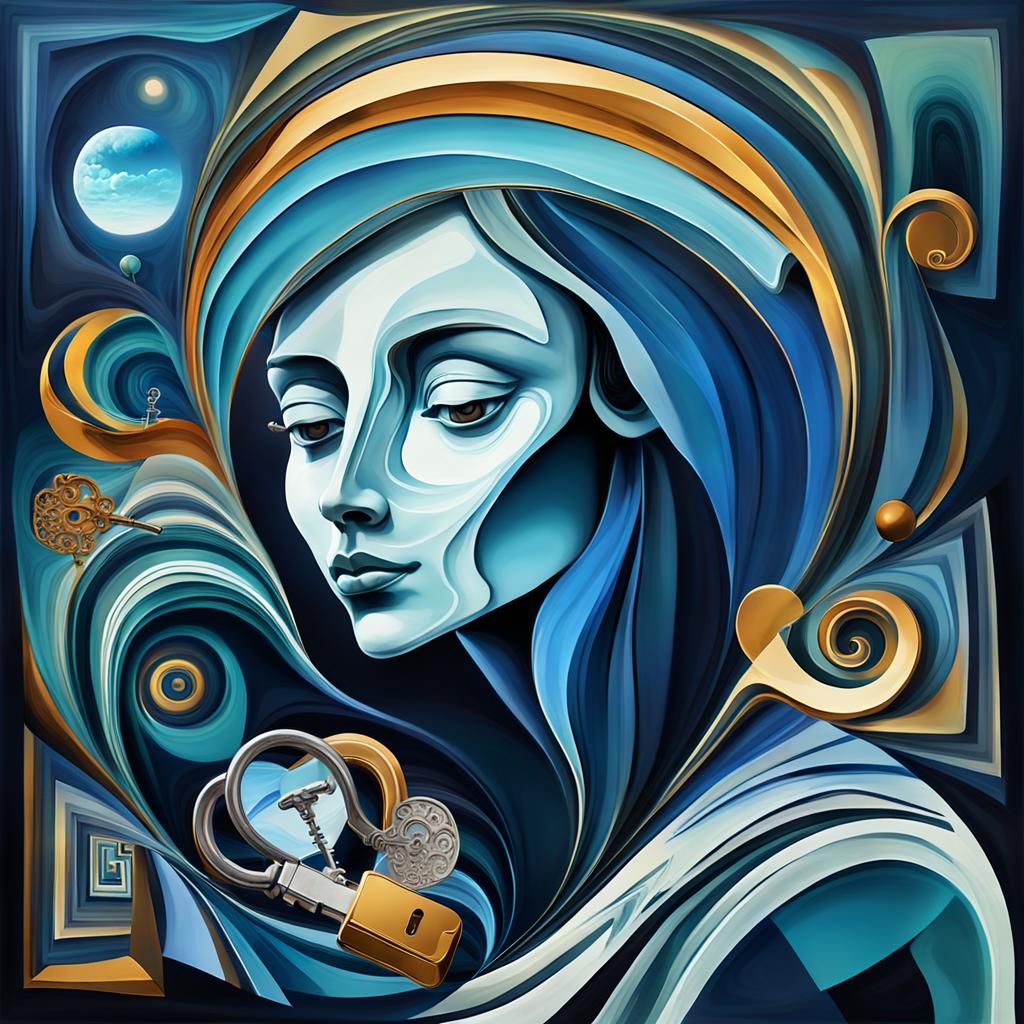 a surreal digital art piece depicting keys floating in a dreamlike ...