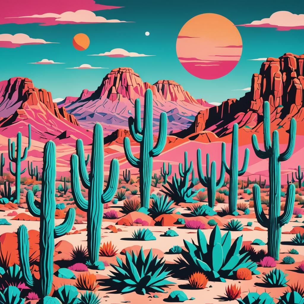 Pop art desert landscape. - Bold Desert Dreamerscape in Vib...