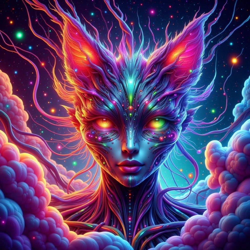 Cyberpunk Space Cat Radiates Neon Rainbow Hues in ... - AI Art