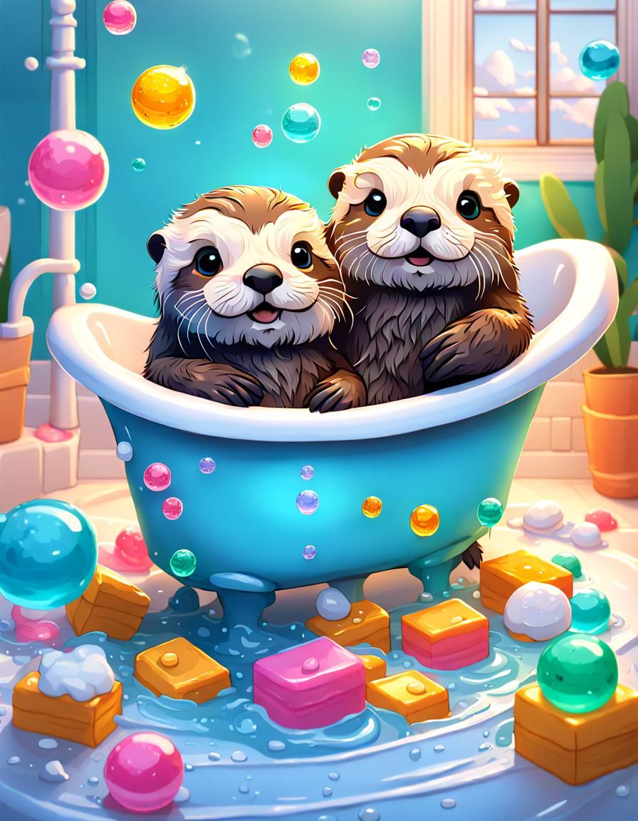 Otterly cute The adorable chibi sea otters in the bathtub bubble bath ...