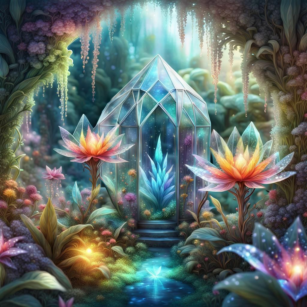 Magical plants in an enchanted garden/ Flower transparent crystal ...