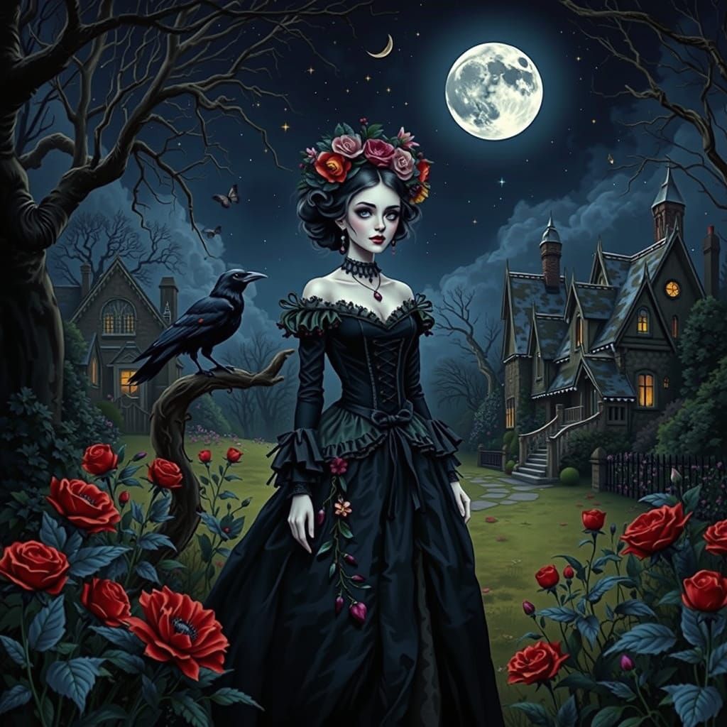 Gothic Whimsy in Midnight English Garden - AI Art
