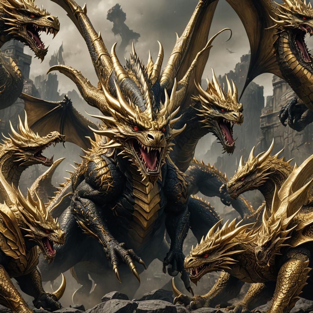King Ghidorah gold dragon 3 headed wings horns heads growling angry ...