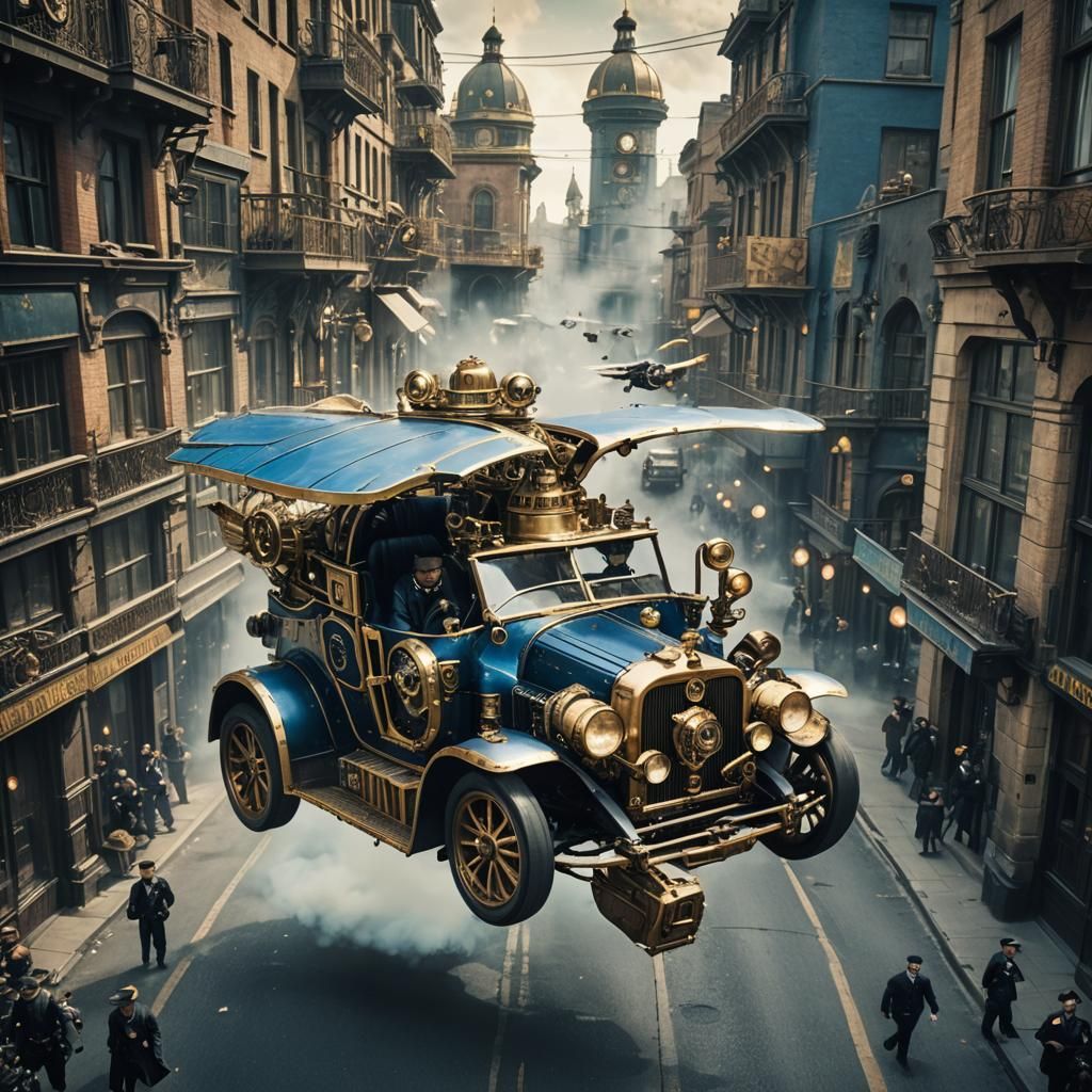 steampunk flying police vehicle with golden borders with sapphire and ...