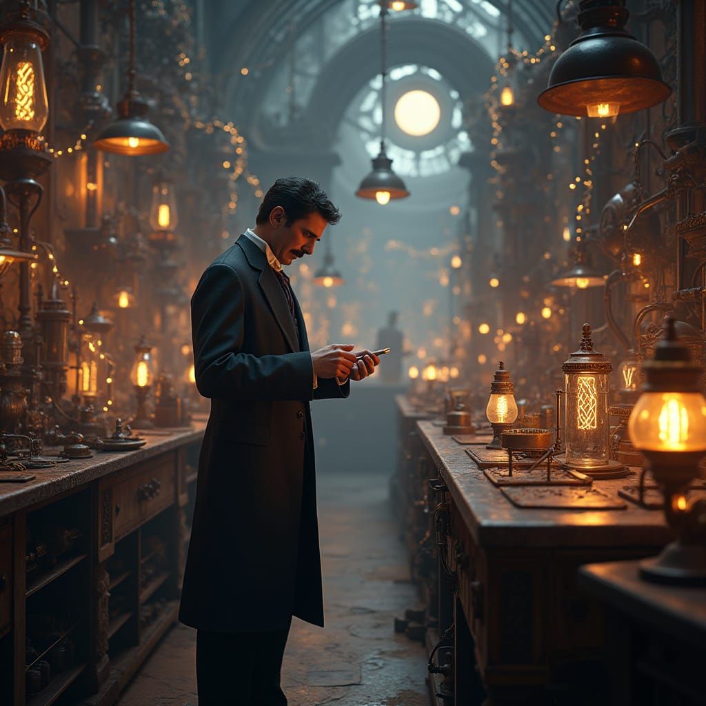 Nikola Tesla Stands In His Laboratory Working