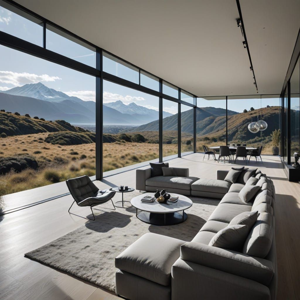 Sleek Silver Modern Living Space with Floor-to-Cei... - AI Art