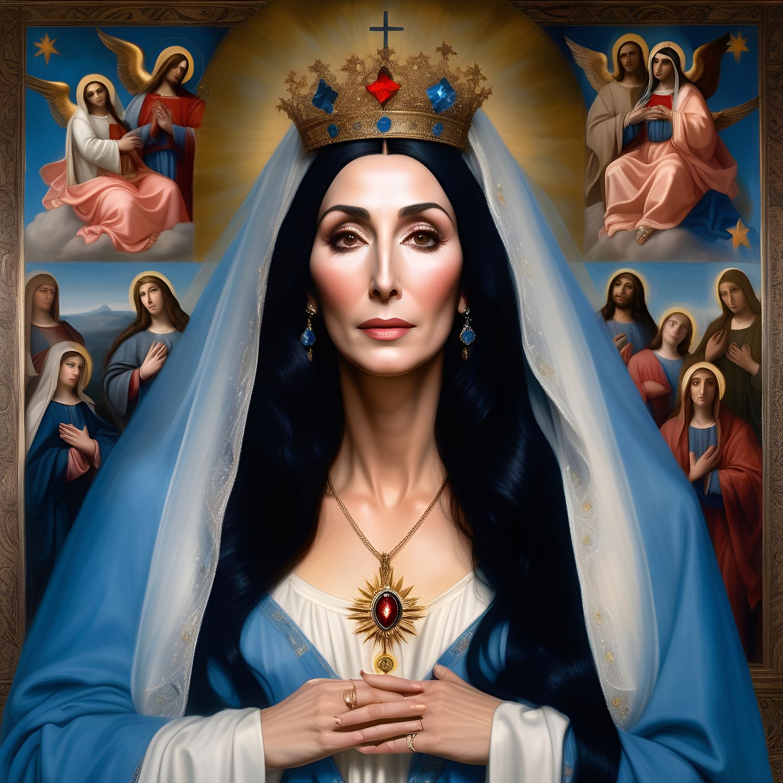 A breathtakingly realistic oil painting of Cher The Goddess of Pop with ...