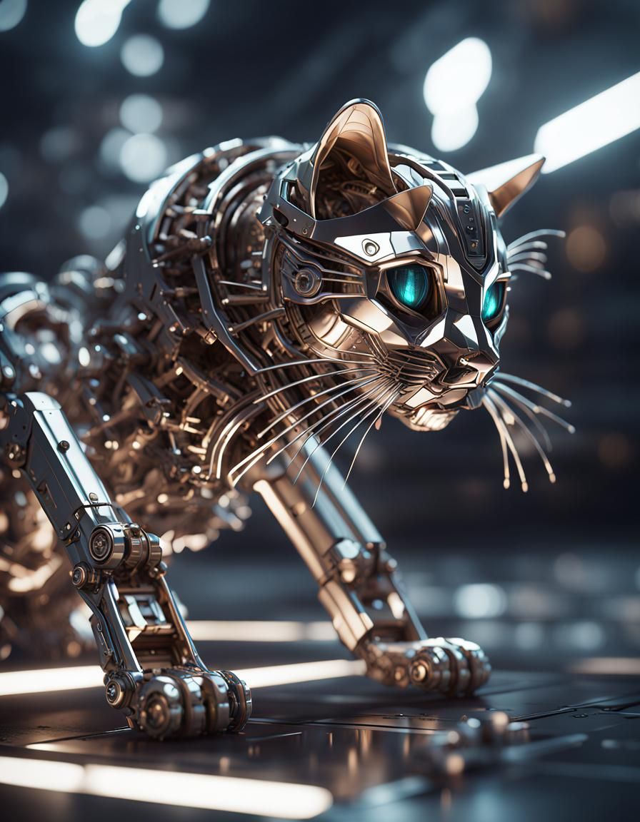 Cat intricate mech details, ground level shot, 8K resolution, Cinema 4D ...