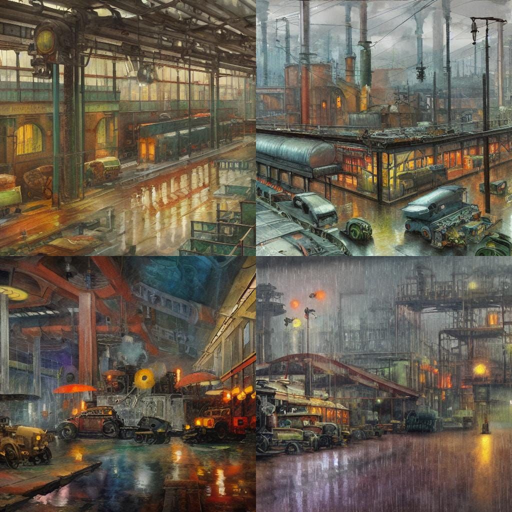 Rainy dieselpunk factory - AI Generated Artwork - NightCafe Creator