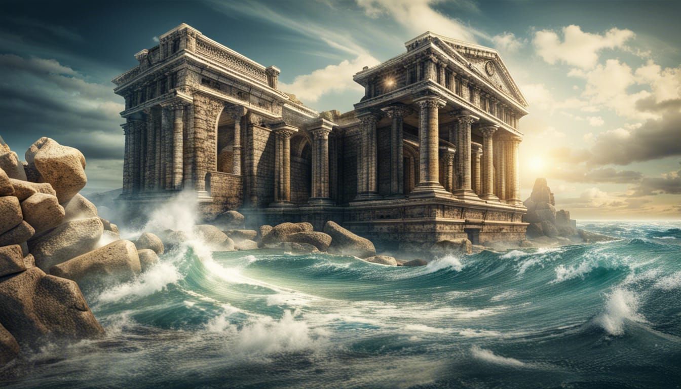 Ancient Ruins of the lost civilization of Atlantis. Rocky shoreline ...