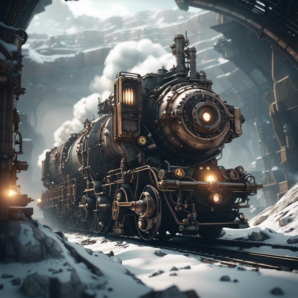 a col steampunk big train tunnelling through snowy wastelands, throwing ...