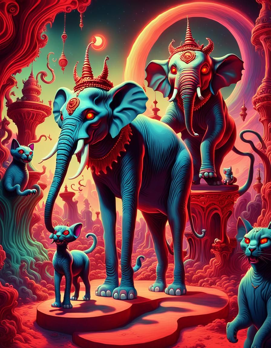 Glowing Red Cats Ride Elephant in Psychedelic Surr... - AI Art