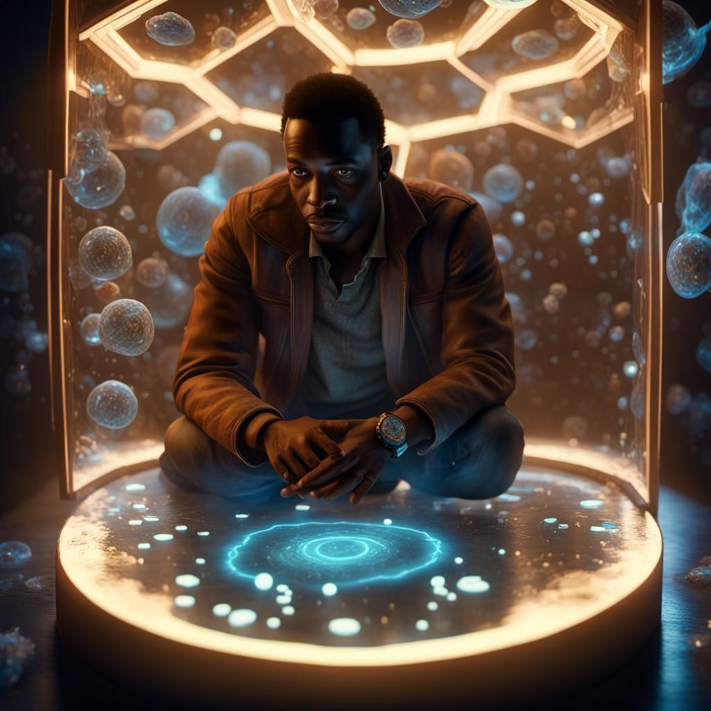 An African American man deeply contemplating outside a glowing ...