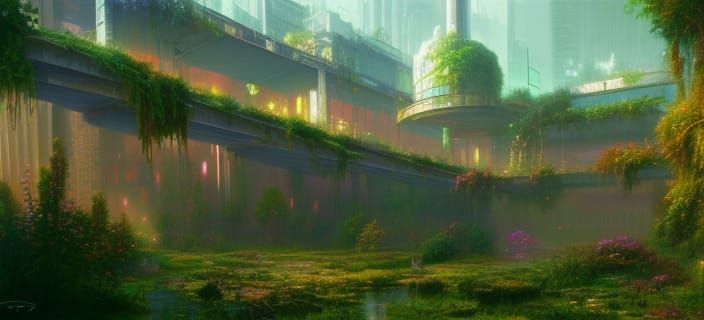 Overgrown city covered in plants and flowers, solarpunk Utopia clean ...
