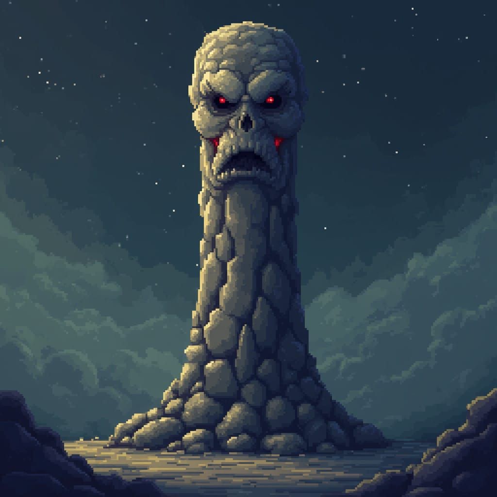 pixel art giant elongated, thin stalagmite with a demonic face carved on it