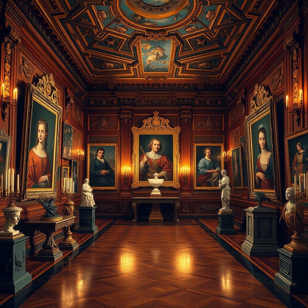 A lavish Renaissance-era art gallery