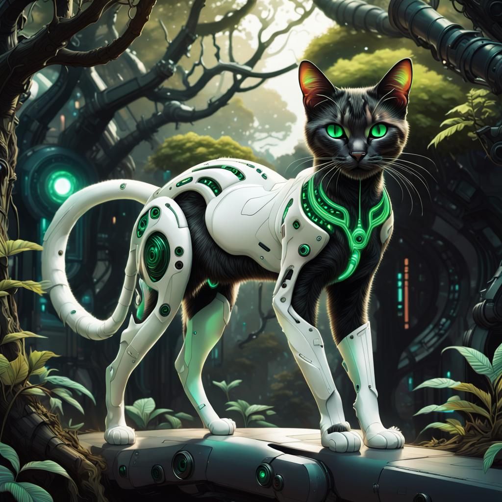 detailed, synthetism, , white colour body black tail and ears cat ...