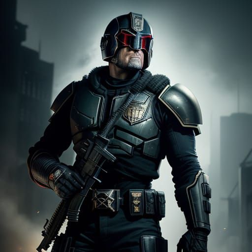 Judge Dredd in Cinematic Riot Gear, Armed to the T... - AI Art