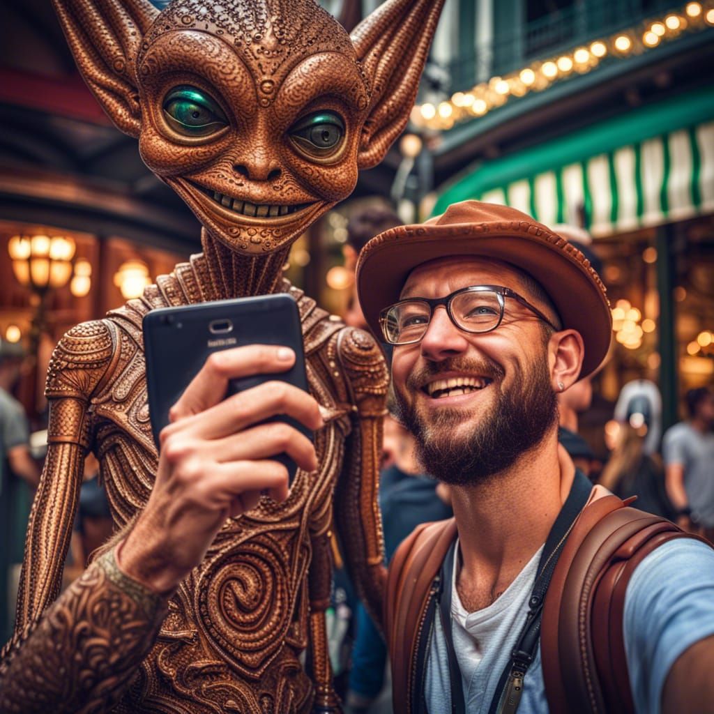 Hipster, taking a selfie with a Friendly alien - AI Generated Artwork ...