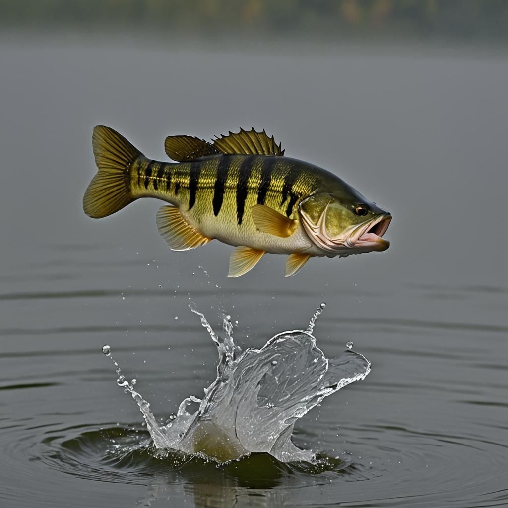 Beautiful flying large mouth bass jumping through the air like a true ...
