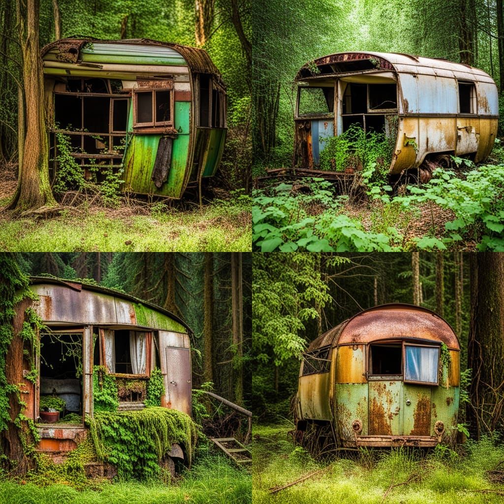 abandoned rusty old Caravan broken windows overgrown with creeping ...