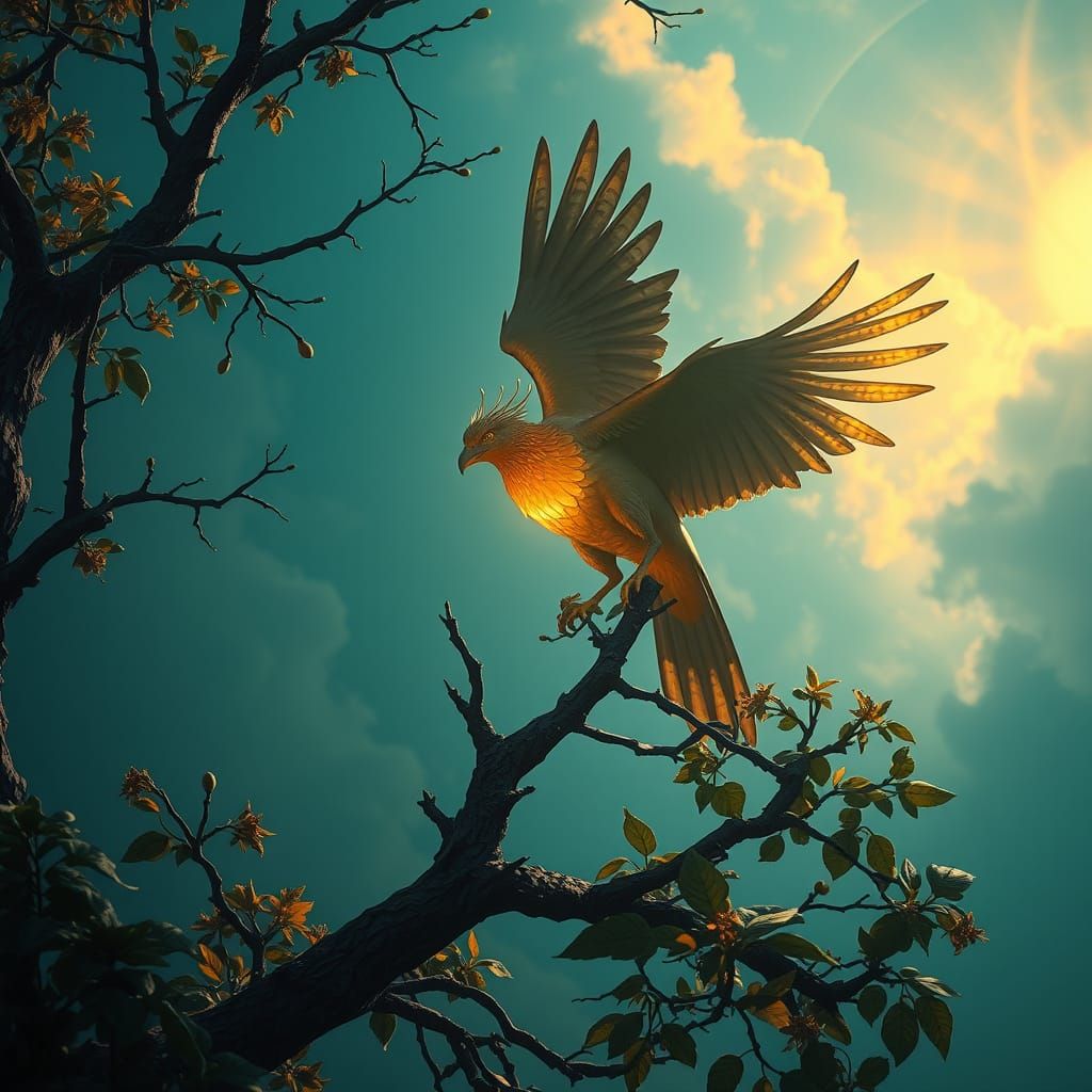 glowing bird on a tree - Surreal Fantastical Bird Takes Fli...