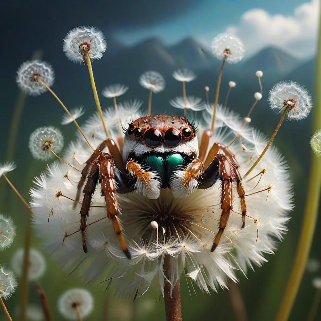 Whimsical Jumping Spider in Dandelion Sanctuary - AI Art