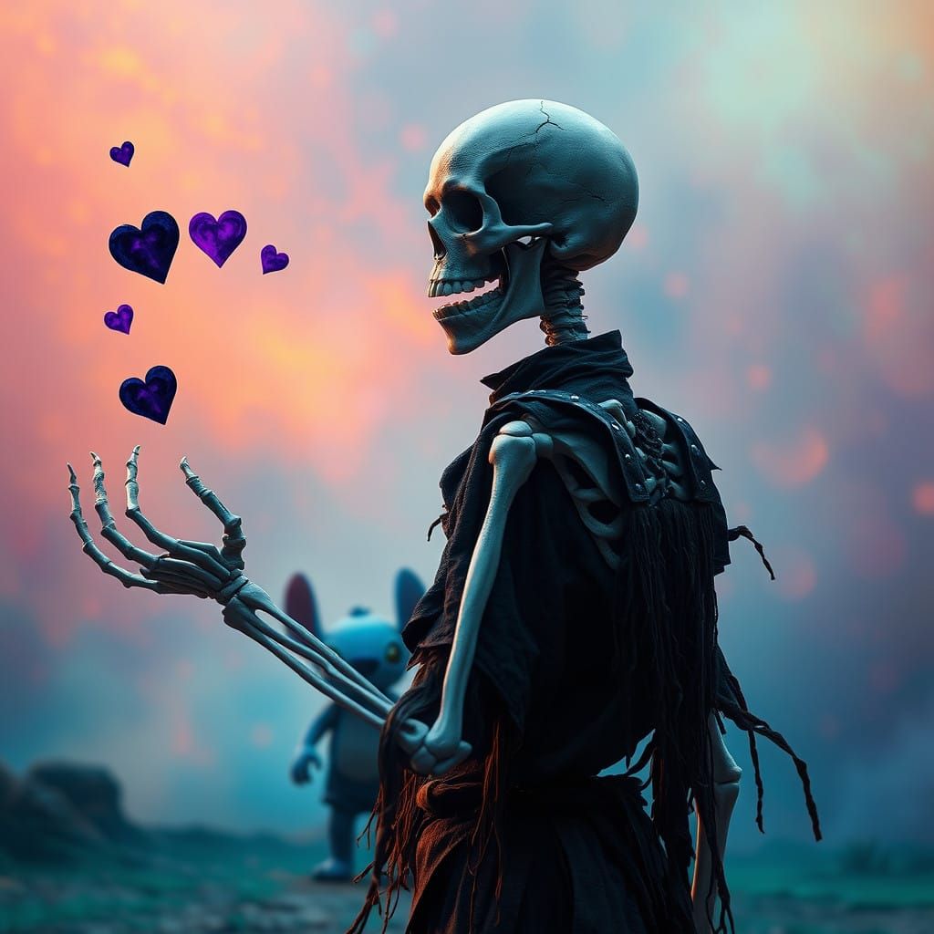 Purple and black hearts dying into sadness skeleton man leaving zombie ...