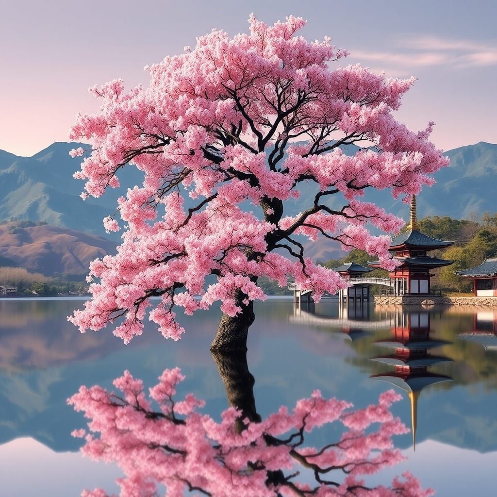 A beautiful ancient sakura tree in front of a lake. Mountains and ...