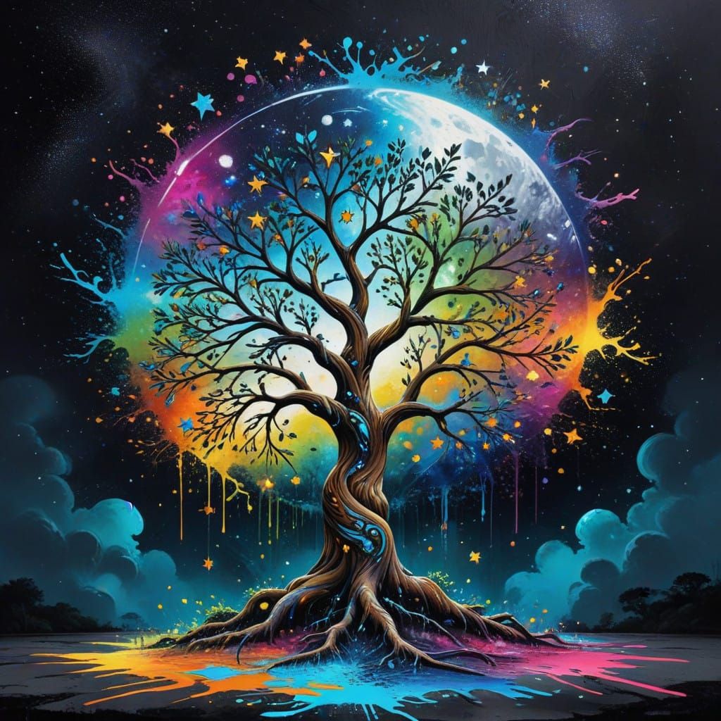 Vibrant Tree of Life Under Celestial Canvas - AI Art