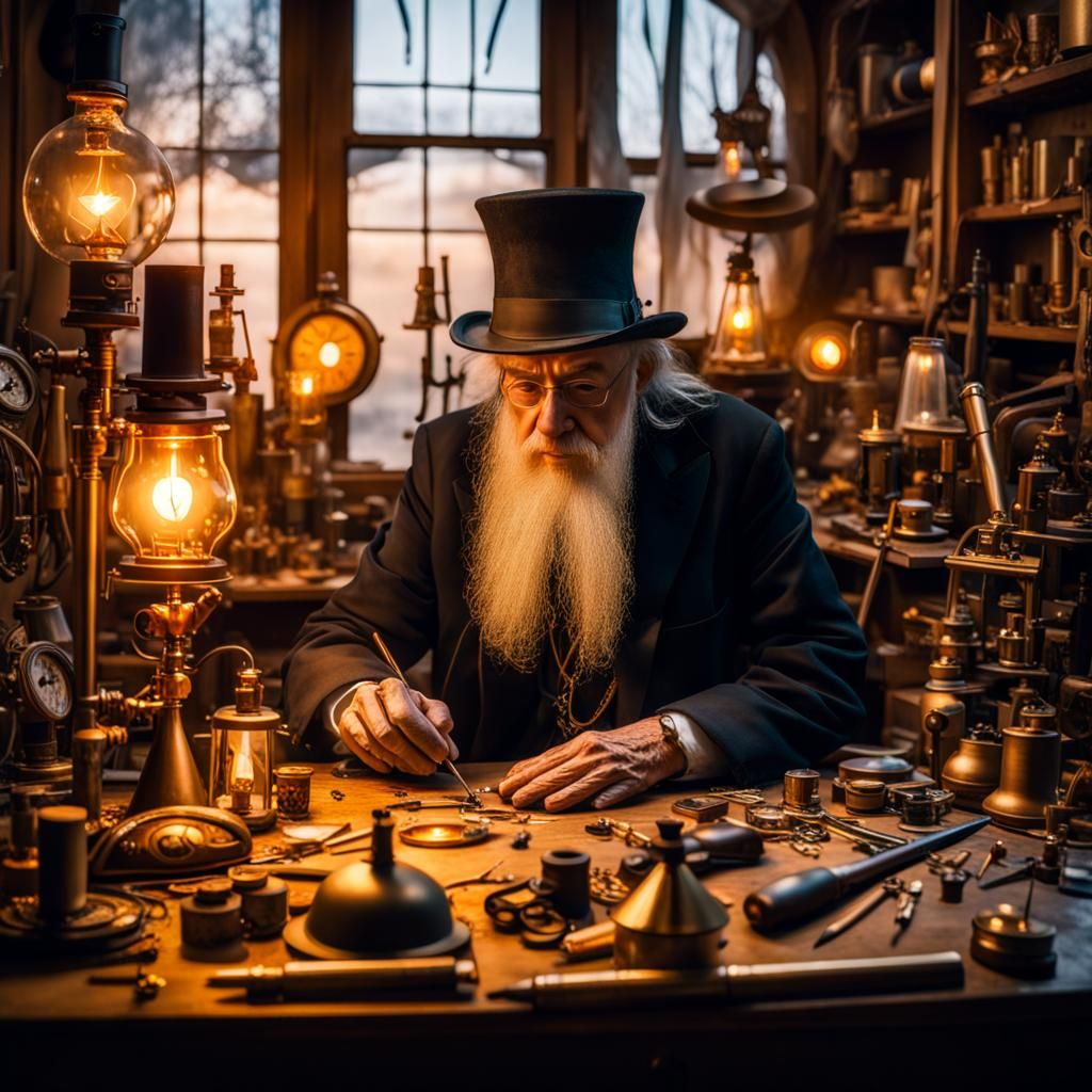 old world fantasy workshop with an old top hat wearing wizard ...