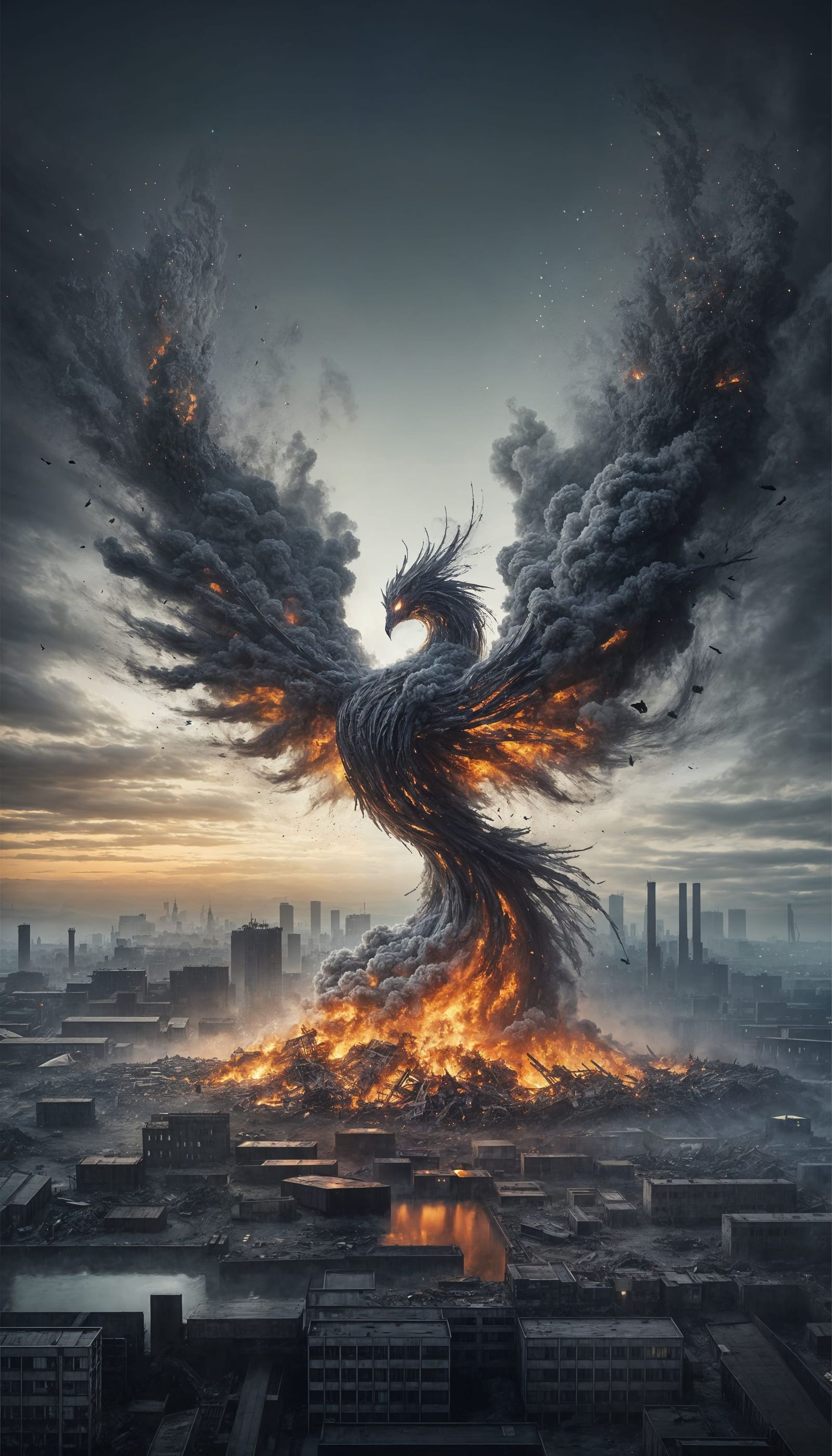 rebirth - Phoenix Arising from Scrap Metal Bonfire