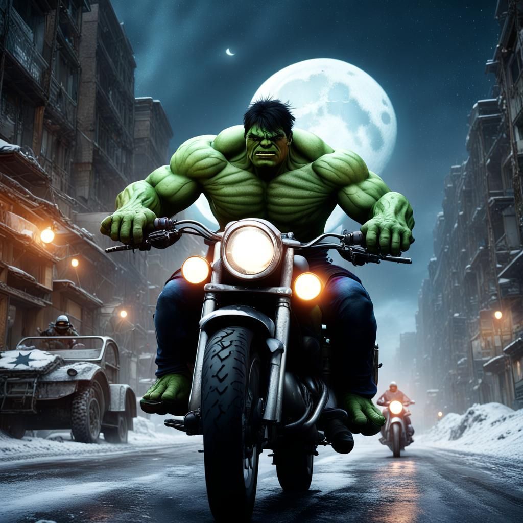 Hulk riding motorcycle through an apocalyptic city being chased by ...