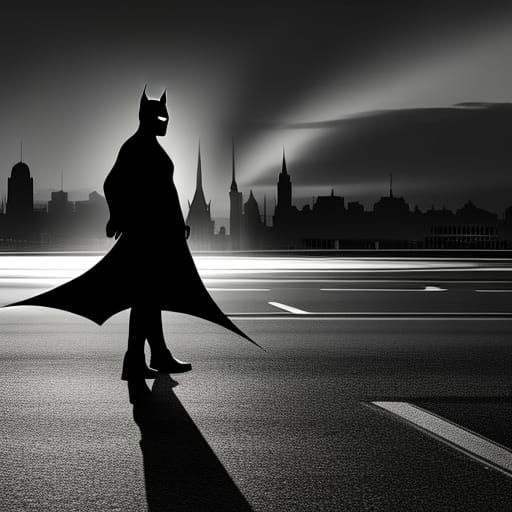 Batman casts a long shadow in the city as the light from a streetlight ...