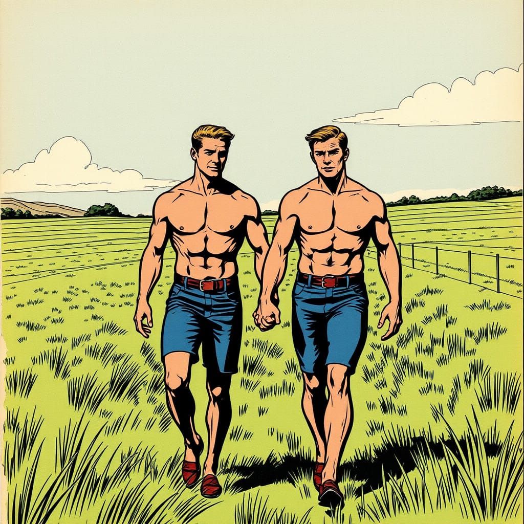 Dashing Men Stroll Through Retro Comic Book Field - AI Art
