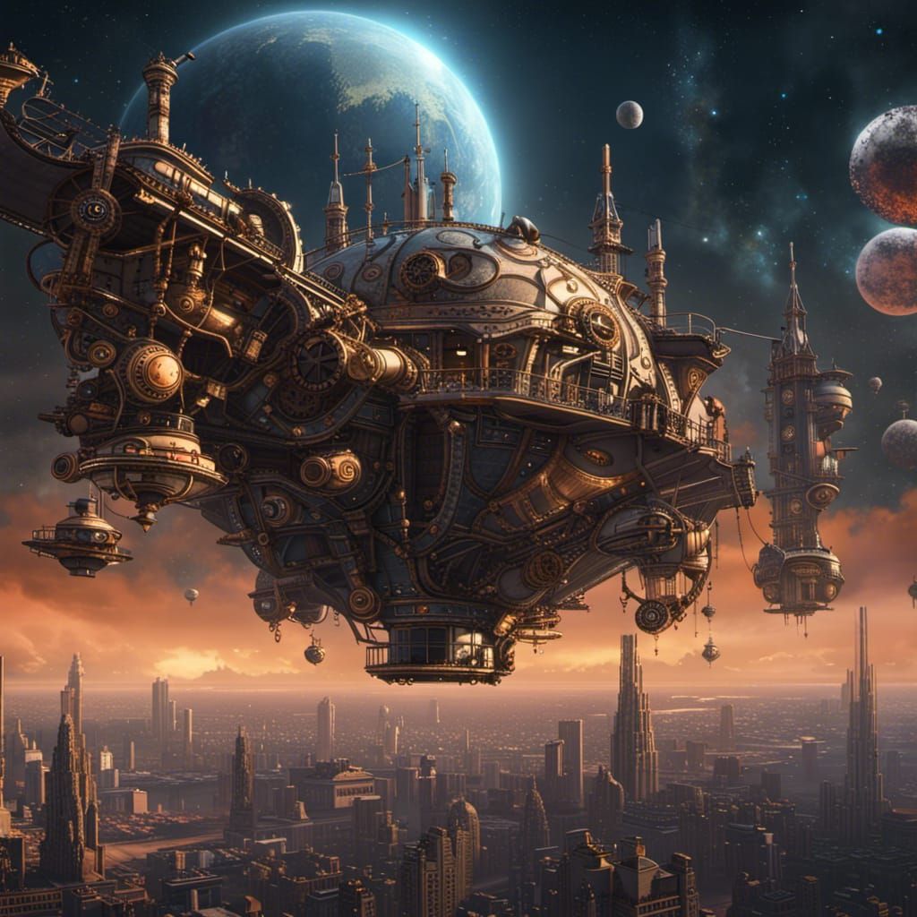 Steampunk City in Space - AI Generated Artwork - NightCafe Creator