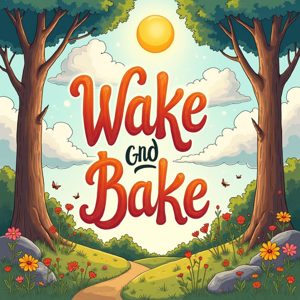 Bold Cursive Wallpaper: Wake and Bake in Whimsical... - AI Art