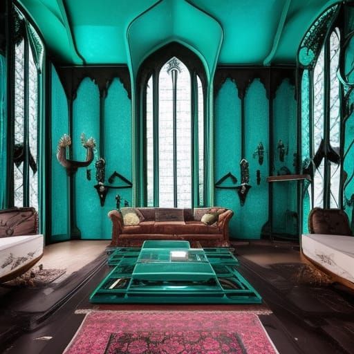 Under the ocean gothic penthouse with teal walls& turquoise frames ...