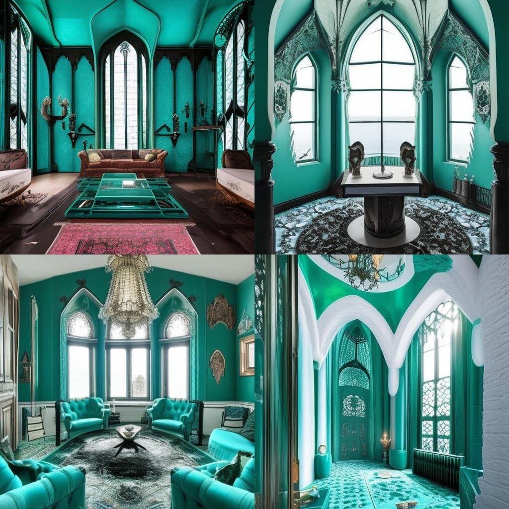 Under the ocean gothic penthouse with teal walls& turquoise frames ...