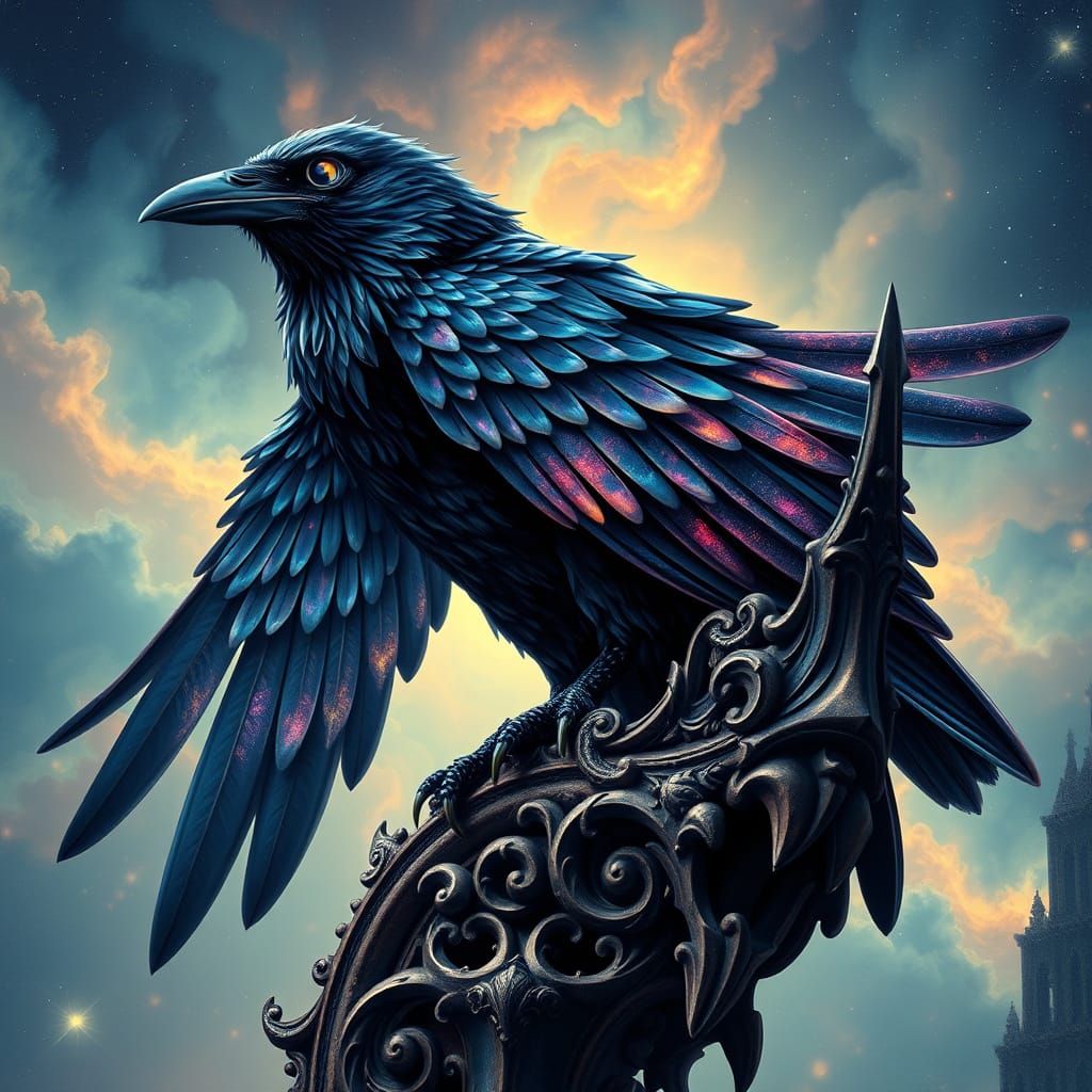 Cosmic Raven Amidst Gothic Cathedral Gargoyle - AI Art