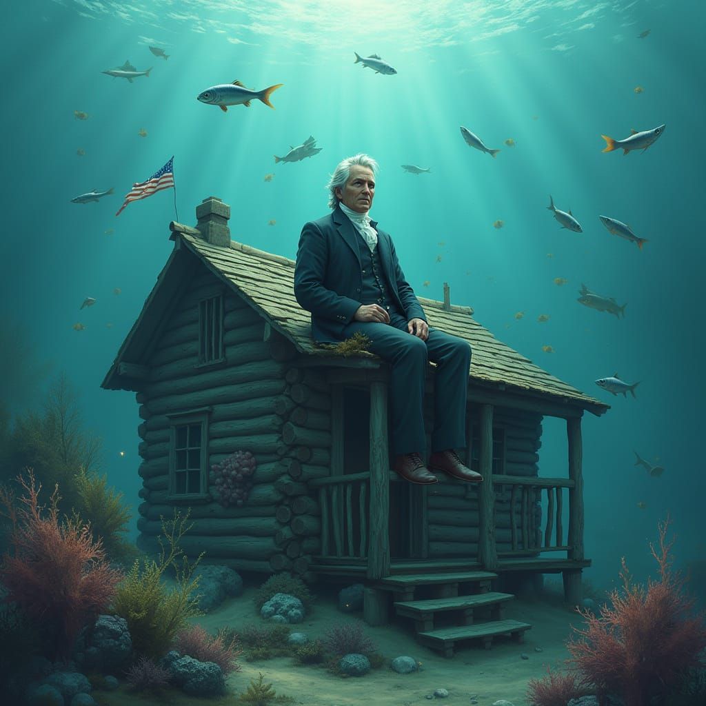Whimsical Merman Andrew Jackson in Log Cabin Under... - AI Art