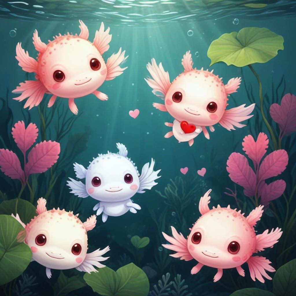 Cheerful chibi axolotls find tiny valentines among the floaty ...