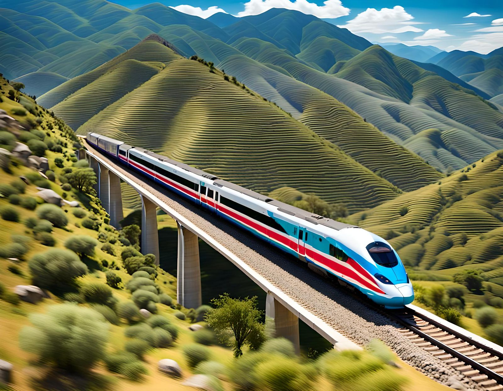 A High Speed Train Travelling Through The Mountains And Valleys Of ...