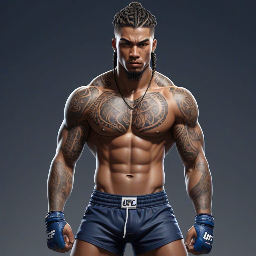 MMA Fighter in Tribal Tattoos and Navy Blue Shorts - AI Art