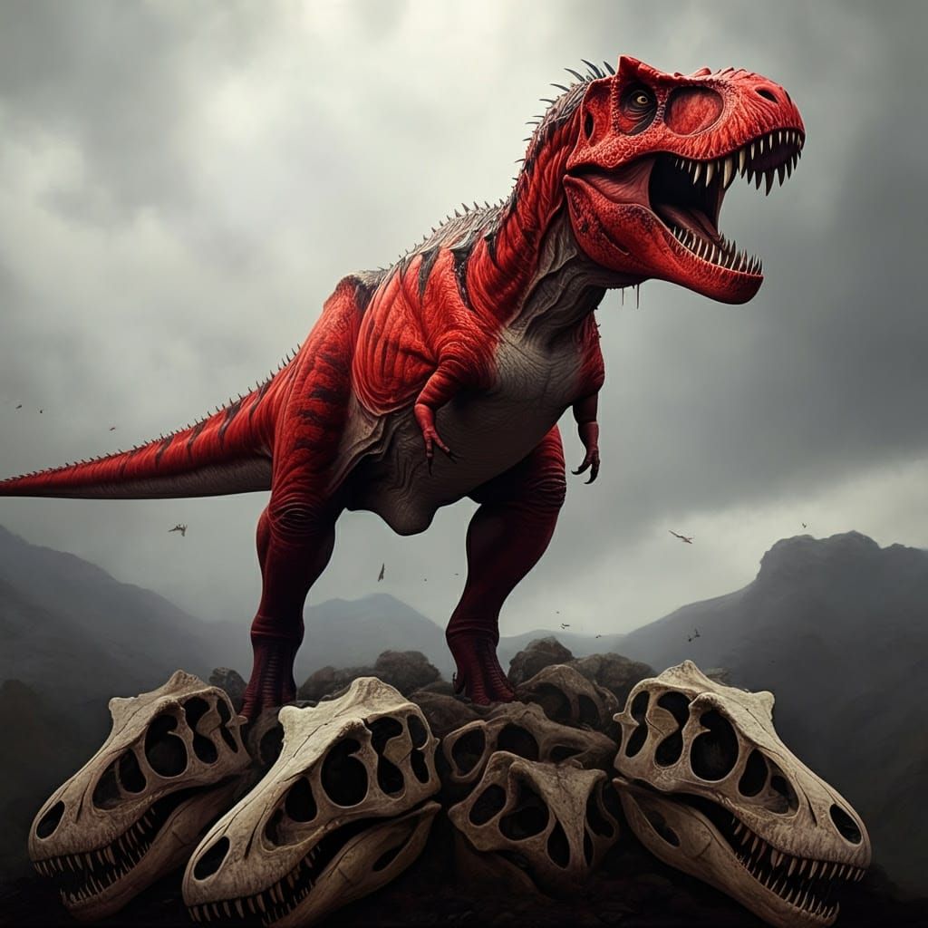 Majestic Red Tyrannosaurus Rex with Battle Scars a... - AI Art