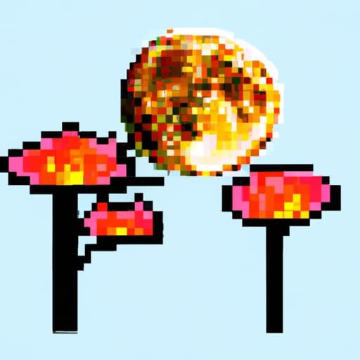 Digital 8-bit trees with autumn leaves and long crooked branches,leaves ...