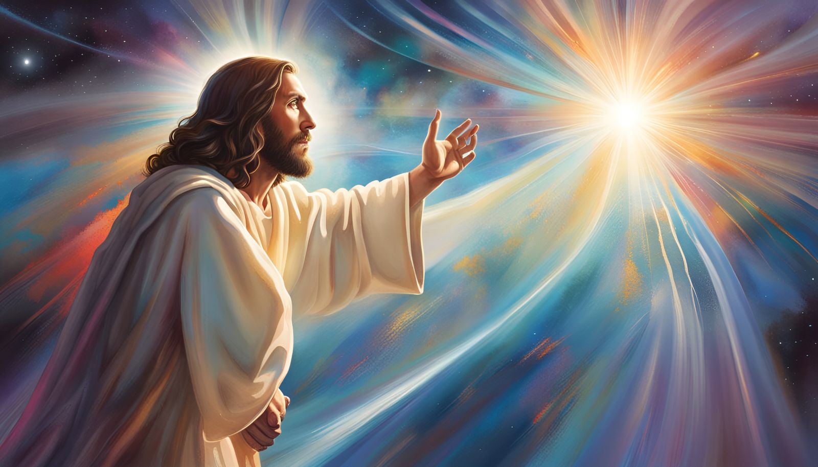 Jesus Christ reaching out to a broken world, galactic, vast, bright ...